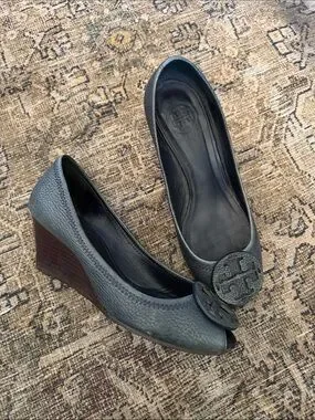 Tory Burch | Shoes | Tory Burch Gray Black Peeptoe Logo Wedge Pumps ...